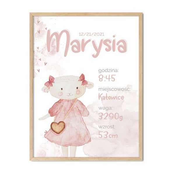 Metryczka dla dzieci z owieczką różową - Sheep